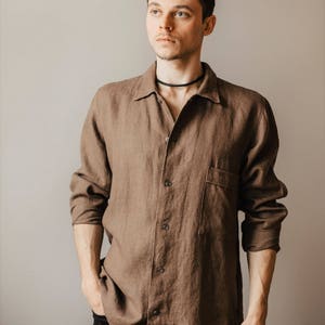 Brown Linen Shirt Mens Linen Shirt Men's Summer Shirt Long Sleeve Linen ...