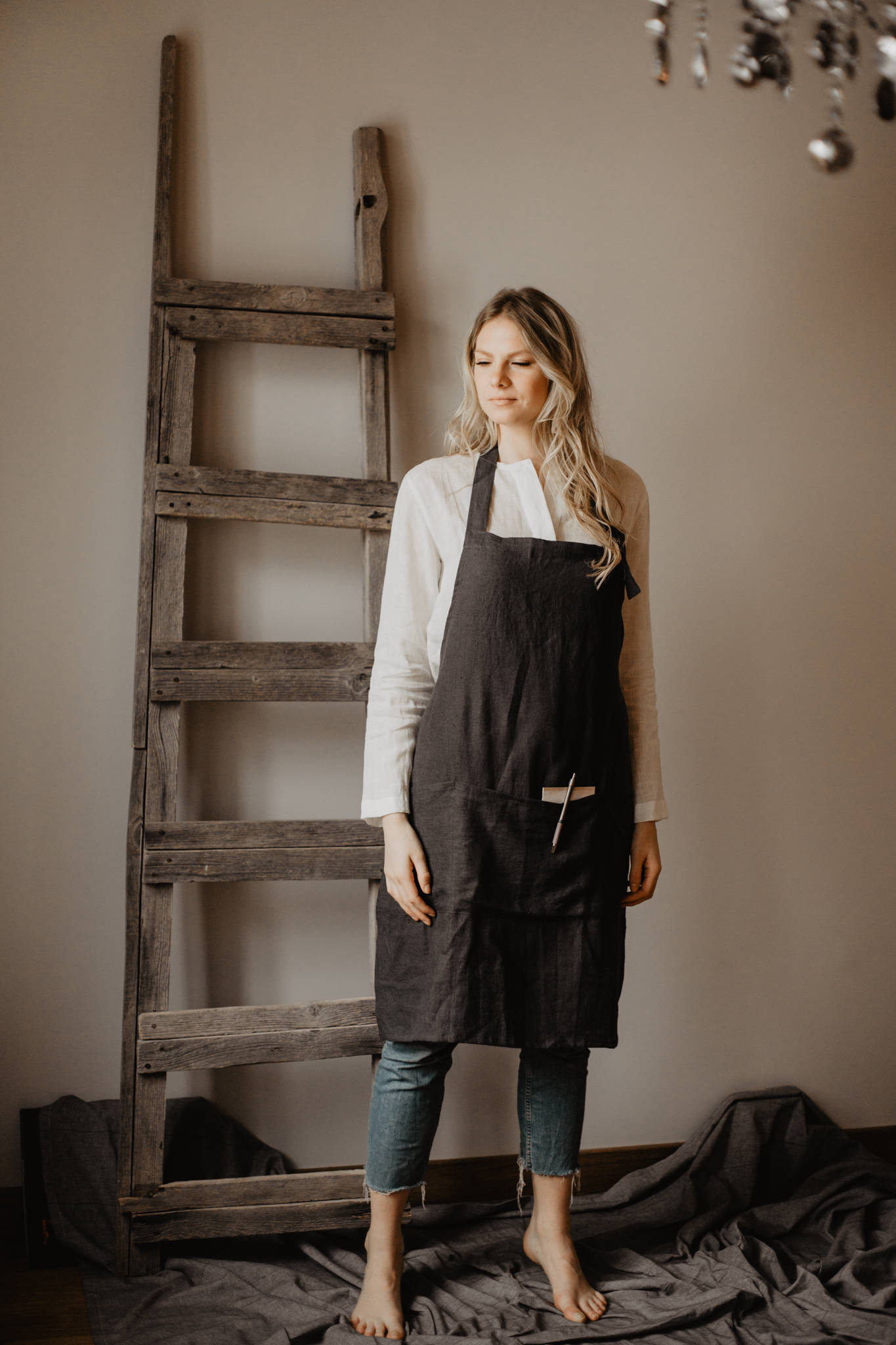 Linen Apron, Linen Tunic Apron, Work Dress, Washed Long Apron With Deep ...