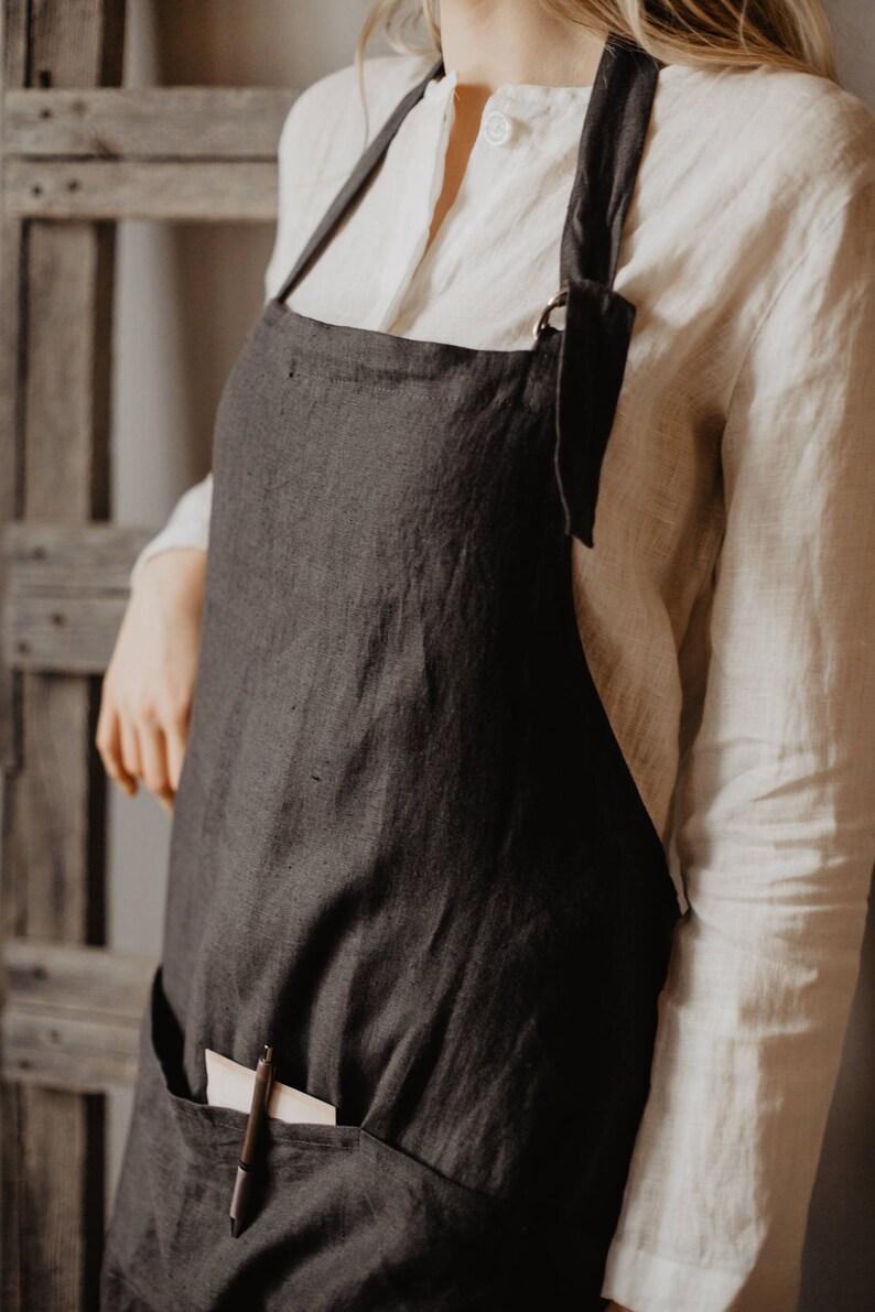 Linen Apron, Linen Tunic Apron, Work Dress, Washed Long Apron With Deep ...