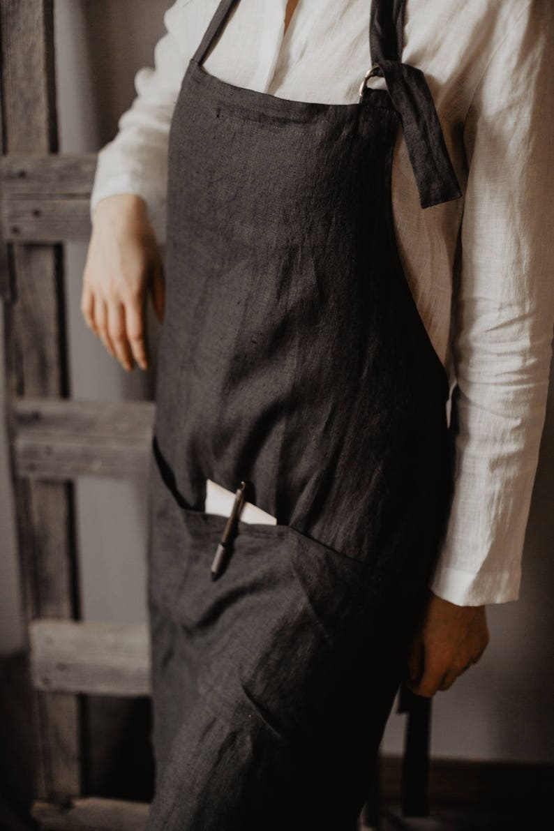 Linen Apron, Linen Tunic Apron, Work Dress, Washed Long Apron With Deep ...