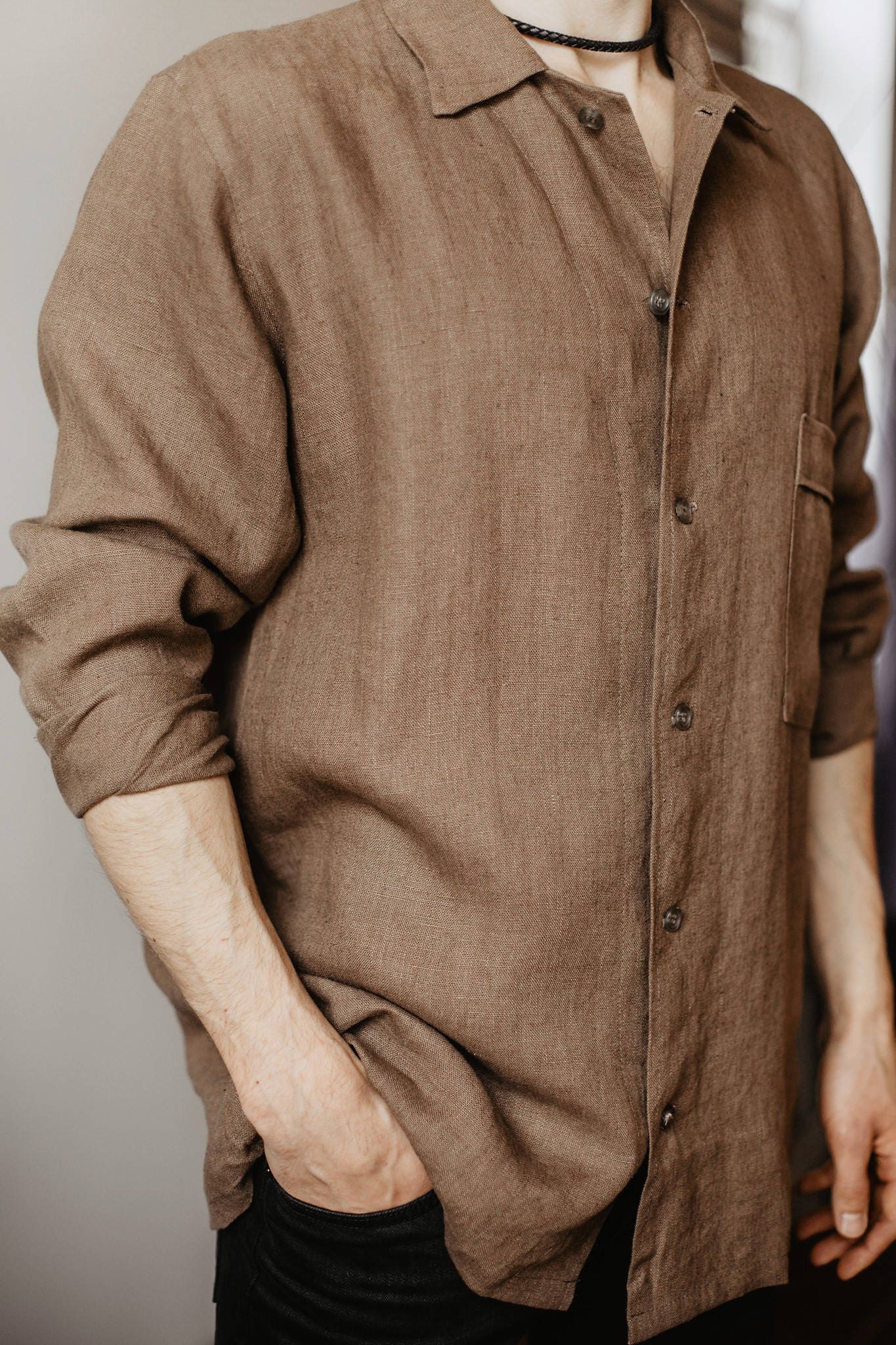 Brown Linen Shirt Mens Linen Shirt Men's Summer Shirt Long Sleeve Linen ...