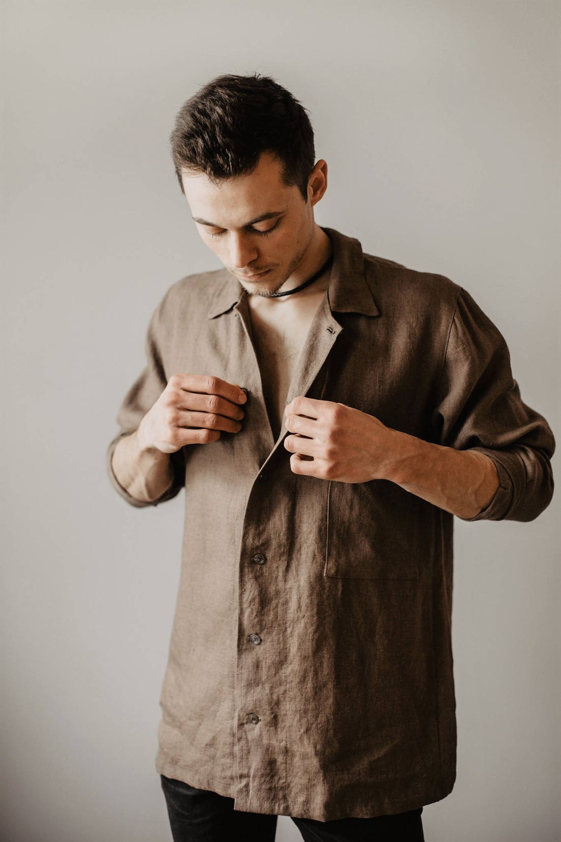 Brown Linen Shirt Mens Linen Shirt Men's Summer Shirt Long Sleeve Linen ...