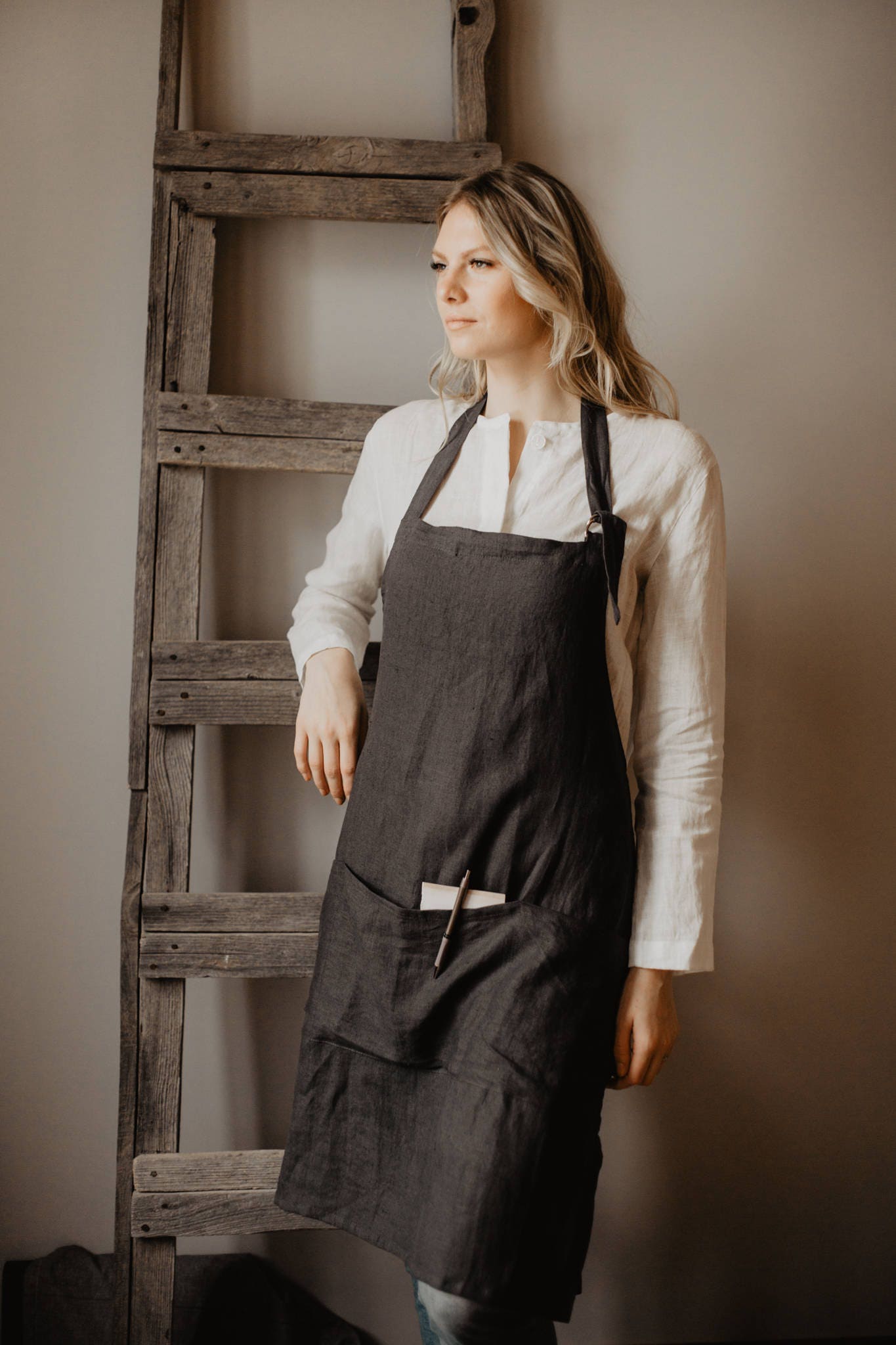 Linen Apron, Linen Tunic Apron, Work Dress, Washed Long Apron With Deep ...