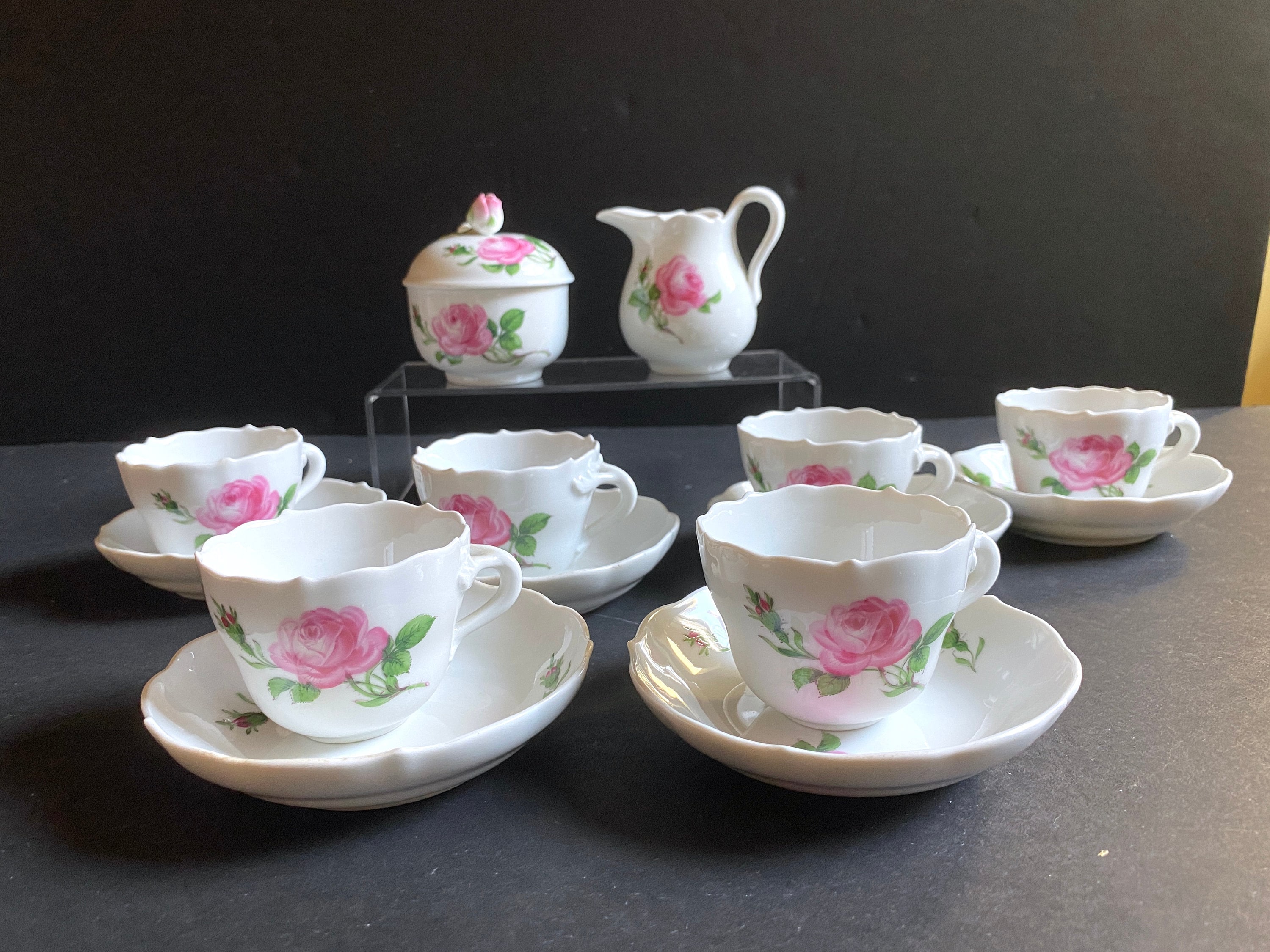 MEISSEN PINK ROSE Mocha Coffee Set, Coffee Cups, Sugar Bowl, Creamer ...