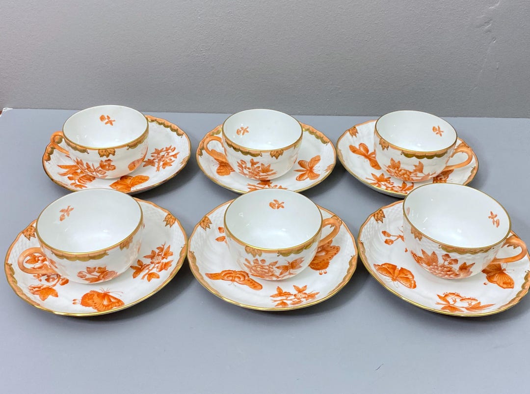 Herend Queen Victoria Fortuna Rust Teacups & Saucers - 24k Gold Gilt ...