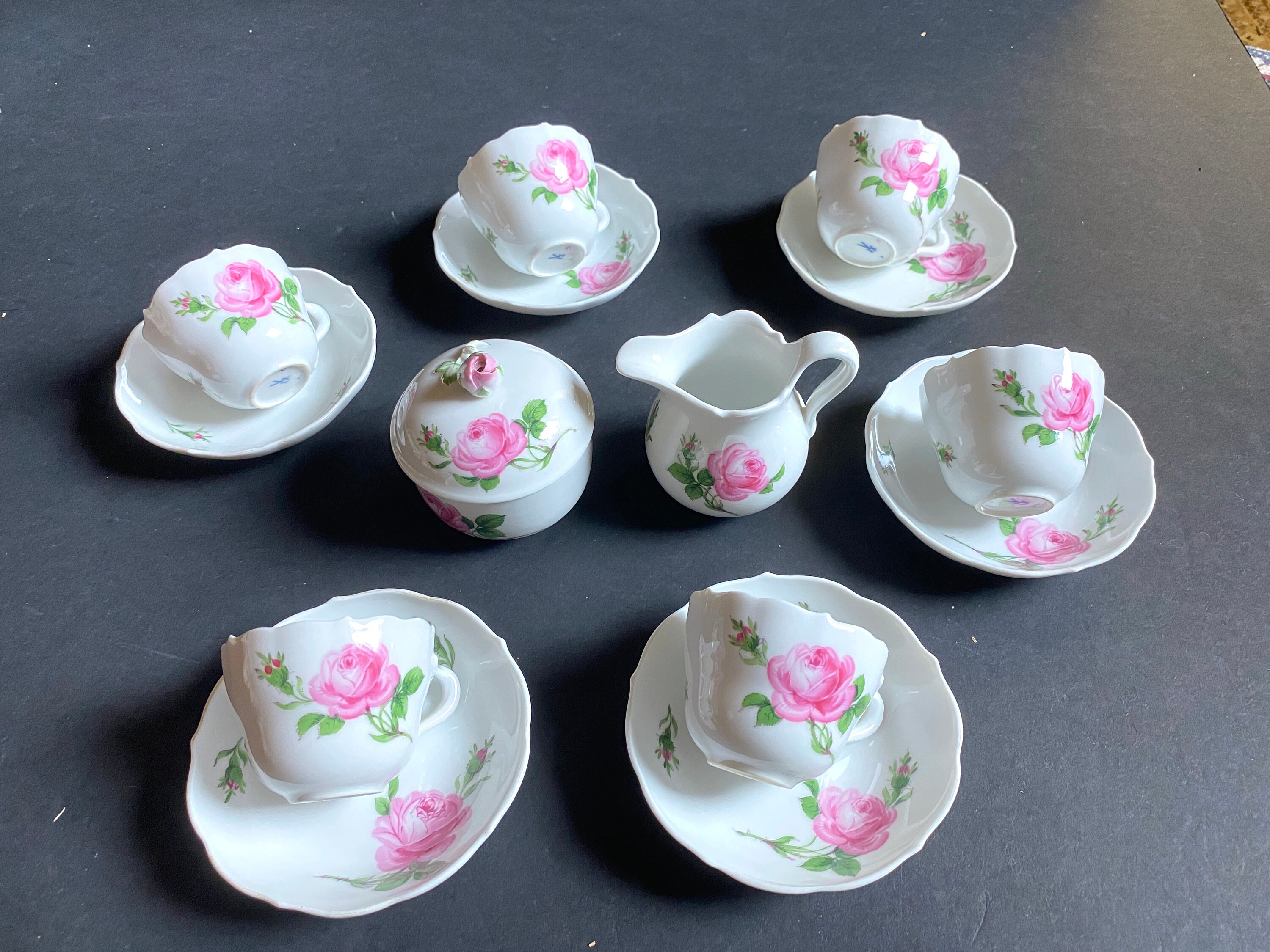 MEISSEN PINK ROSE Mocha Coffee Set, Coffee Cups, Sugar Bowl, Creamer ...