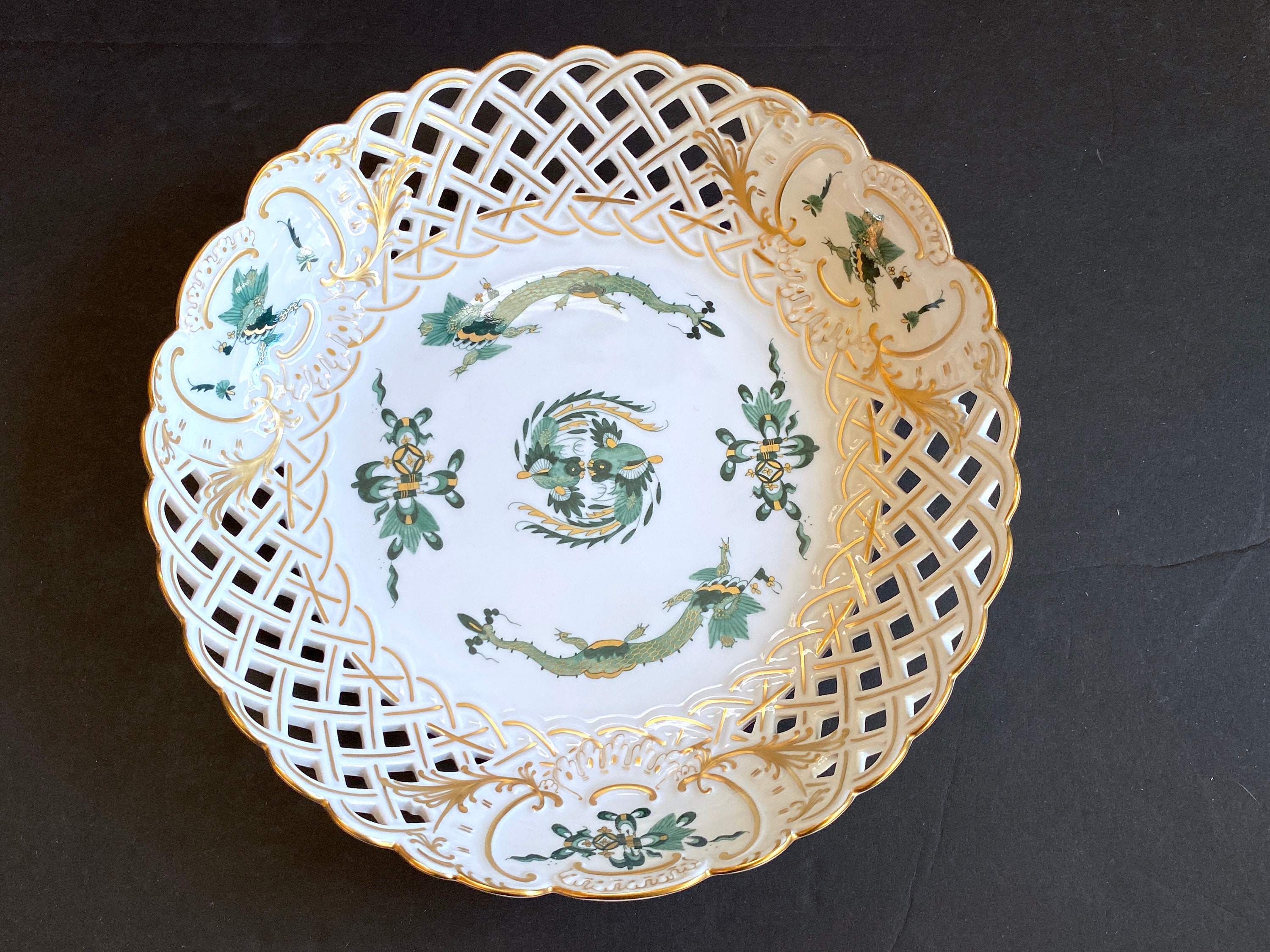 Meissen Reicher Court Dragon (green) & Phoenix Bird Centerpiece/compote ...