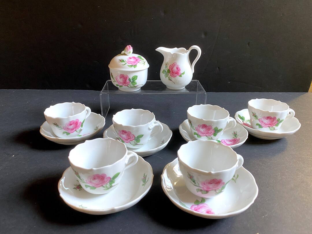 MEISSEN PINK ROSE Mocha Coffee Set, Coffee Cups, Sugar Bowl, Creamer. Made in Germany, 1st ...