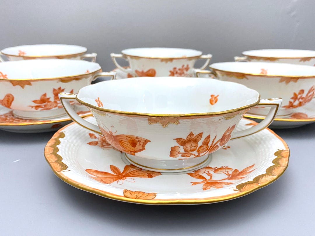 Herend Queen Victoria "fortuna Rust" Cream Soup Bowls and Saucers for 6 ...