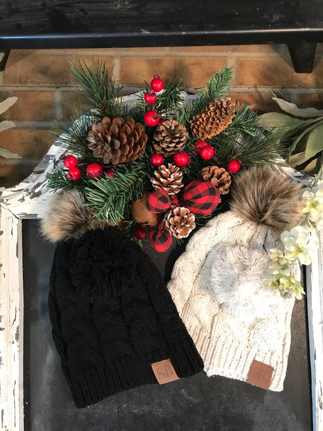 New CHUNKY KNIT Pom Pom Beanies, Interchangeable, Black and White ...