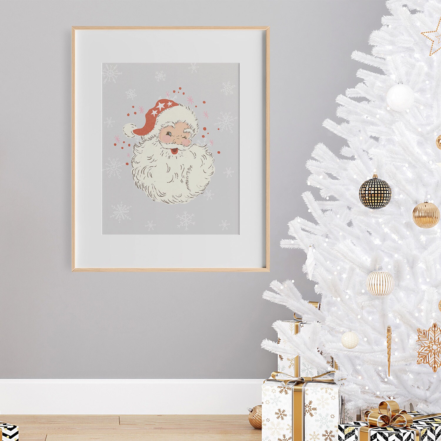 Santa Art Print Grey Holiday Printable Pastel Christmas Wall - Etsy
