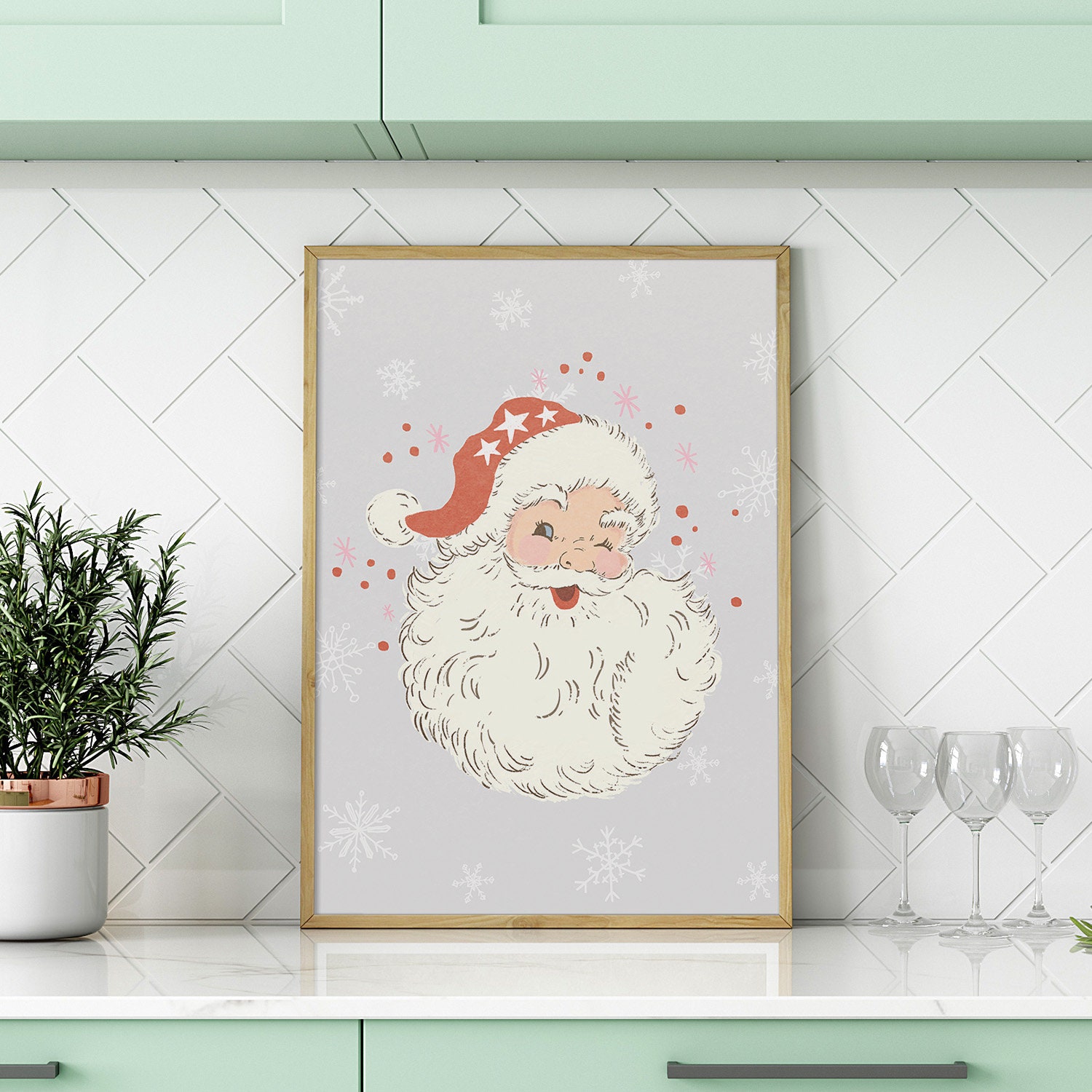 Santa Art Print Grey Holiday Printable Pastel Christmas Wall - Etsy