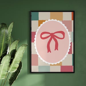 Pink Coquette Bow Printable Nursery Wall Art, Retro Check Feminine ...