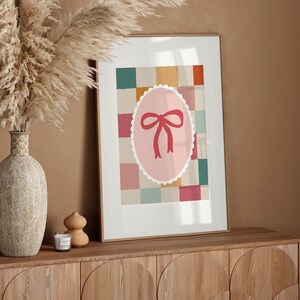 Pink Coquette Bow Printable Nursery Wall Art, Retro Check Feminine ...