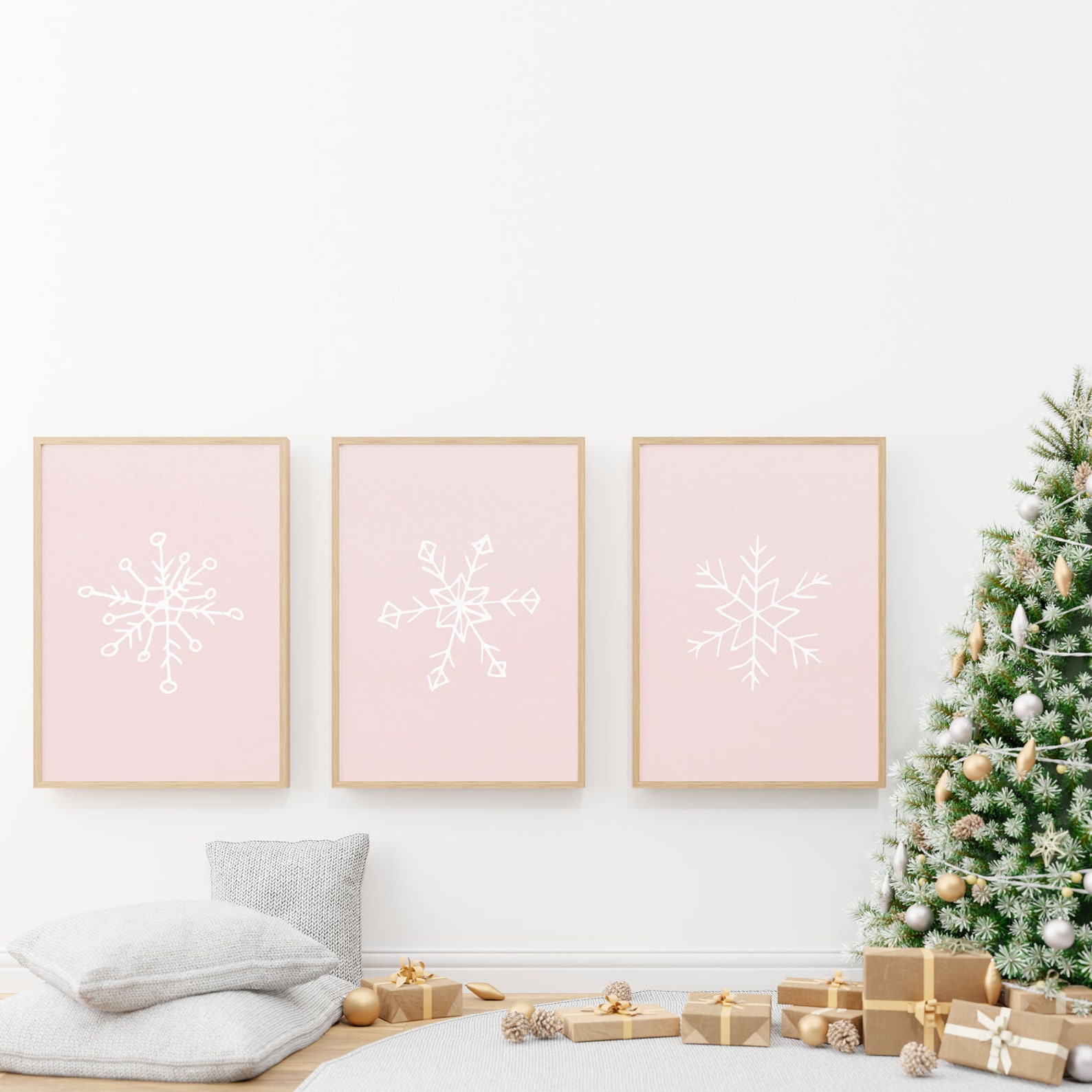 Pink Snowflake Digital Art Print Set of 3 Prints, Minimalist Winter ...