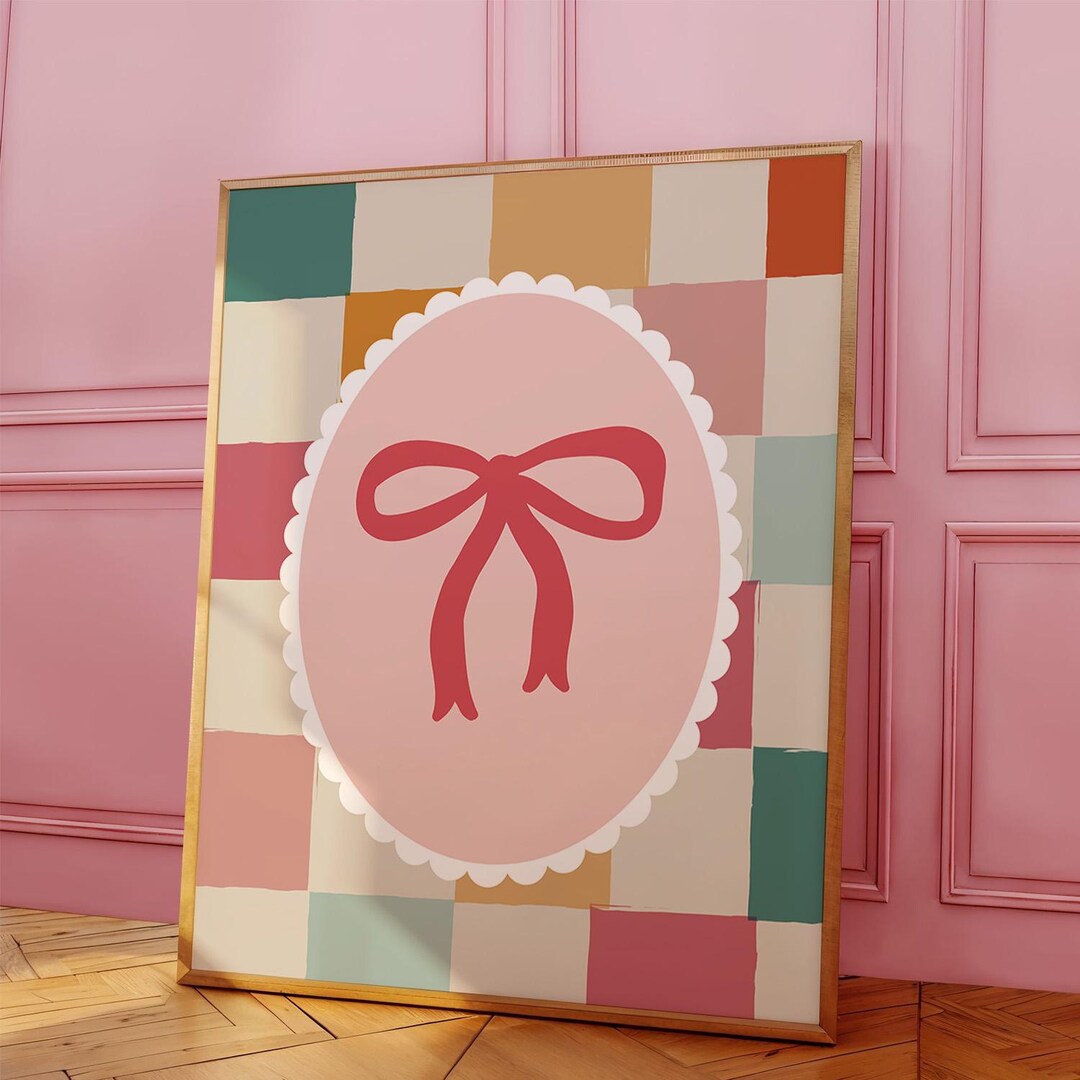 Pink Coquette Bow Printable Nursery Wall Art, Retro Check Feminine ...