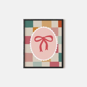 Pink Coquette Bow Printable Nursery Wall Art, Retro Check Feminine ...