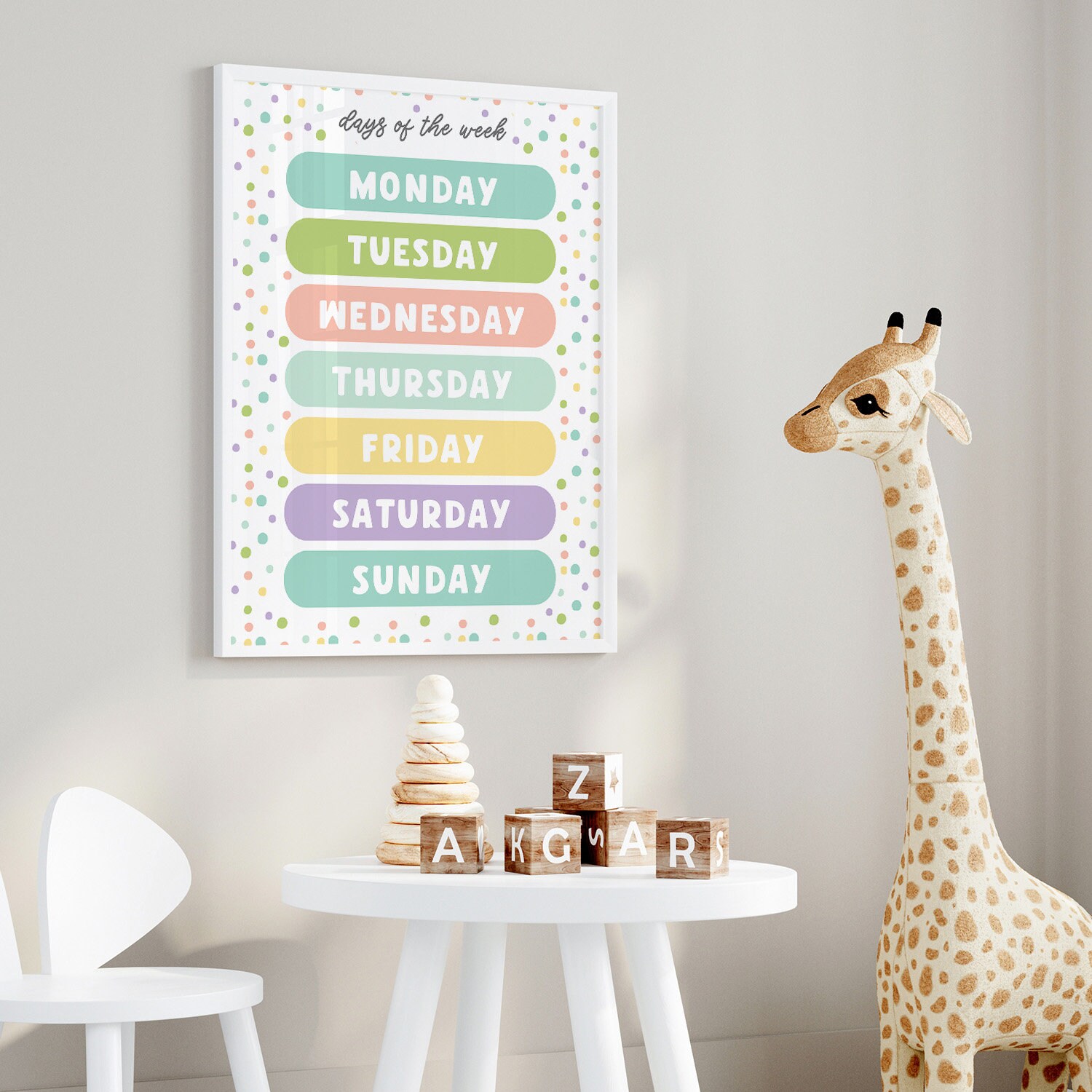 Days of the Week Learning Print, Pastel Polkadot Playroom Print ...