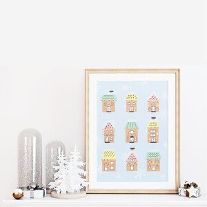 Pastel Gingerbread Village Digital Art Print, Vintage Blue Christmas ...