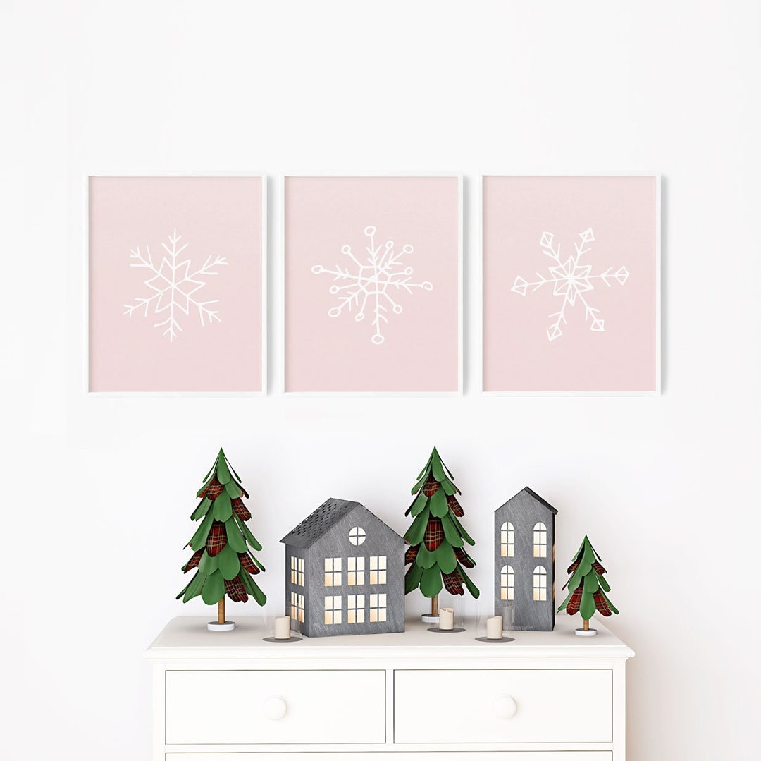 Pink Snowflake Digital Art Print Set of 3 Prints, Minimalist Winter ...