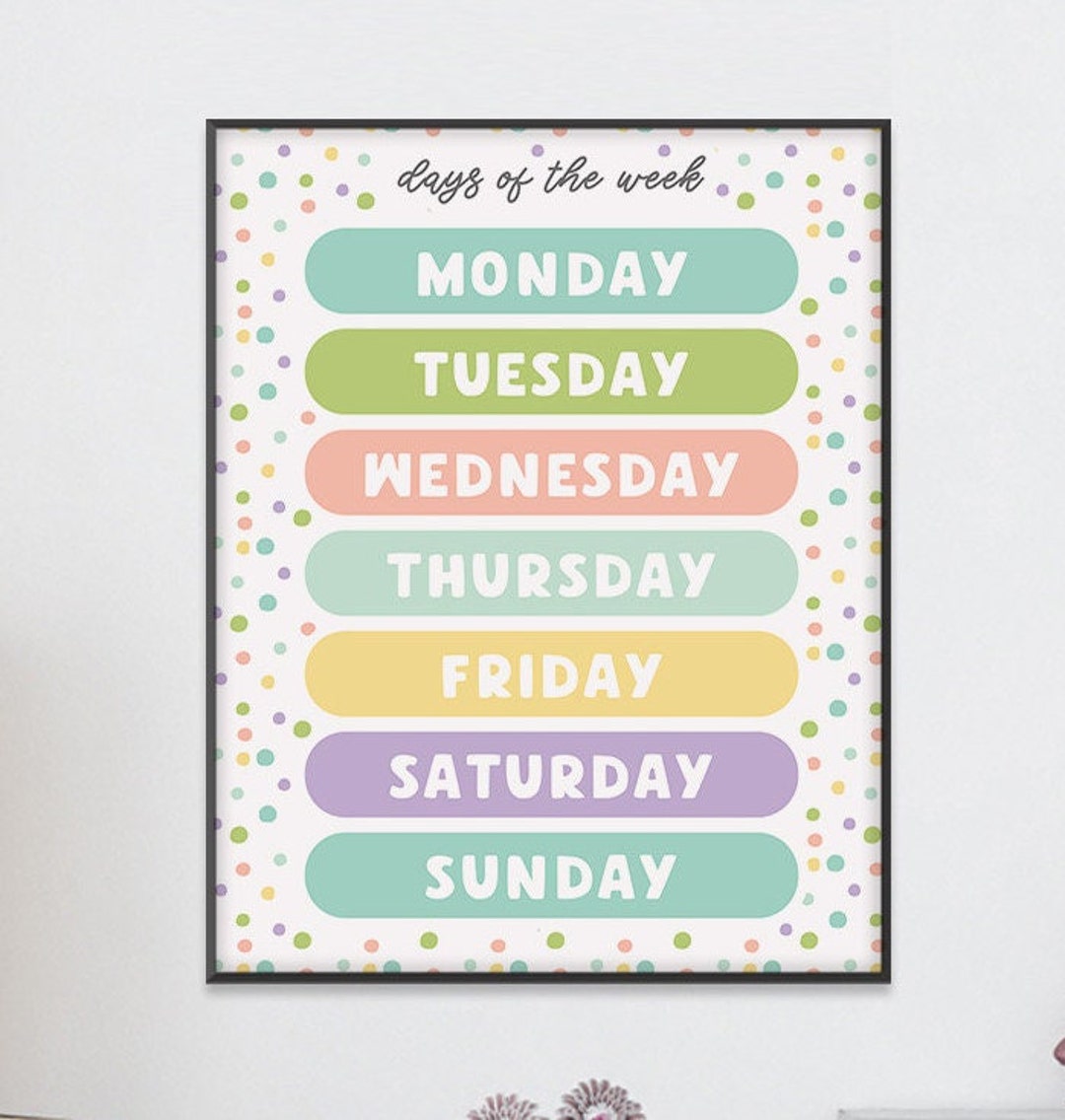 Days of the Week Learning Print, Pastel Polkadot Playroom Print ...