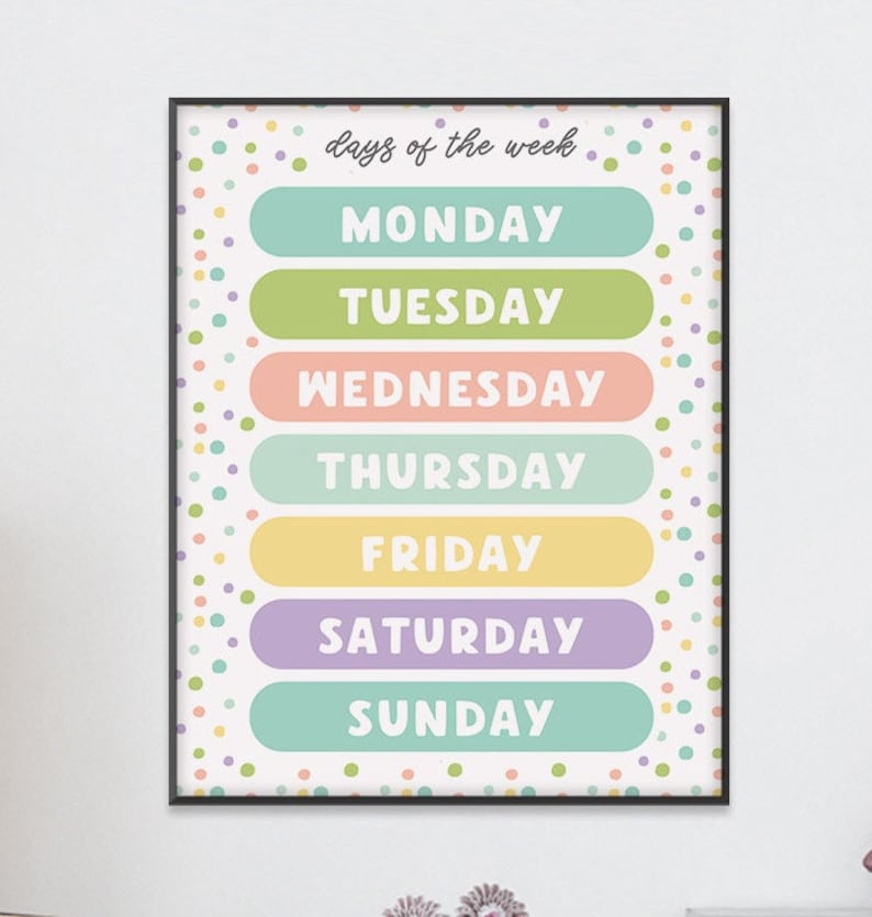 Days of the Week Learning Print, Pastel Polkadot Playroom Print ...