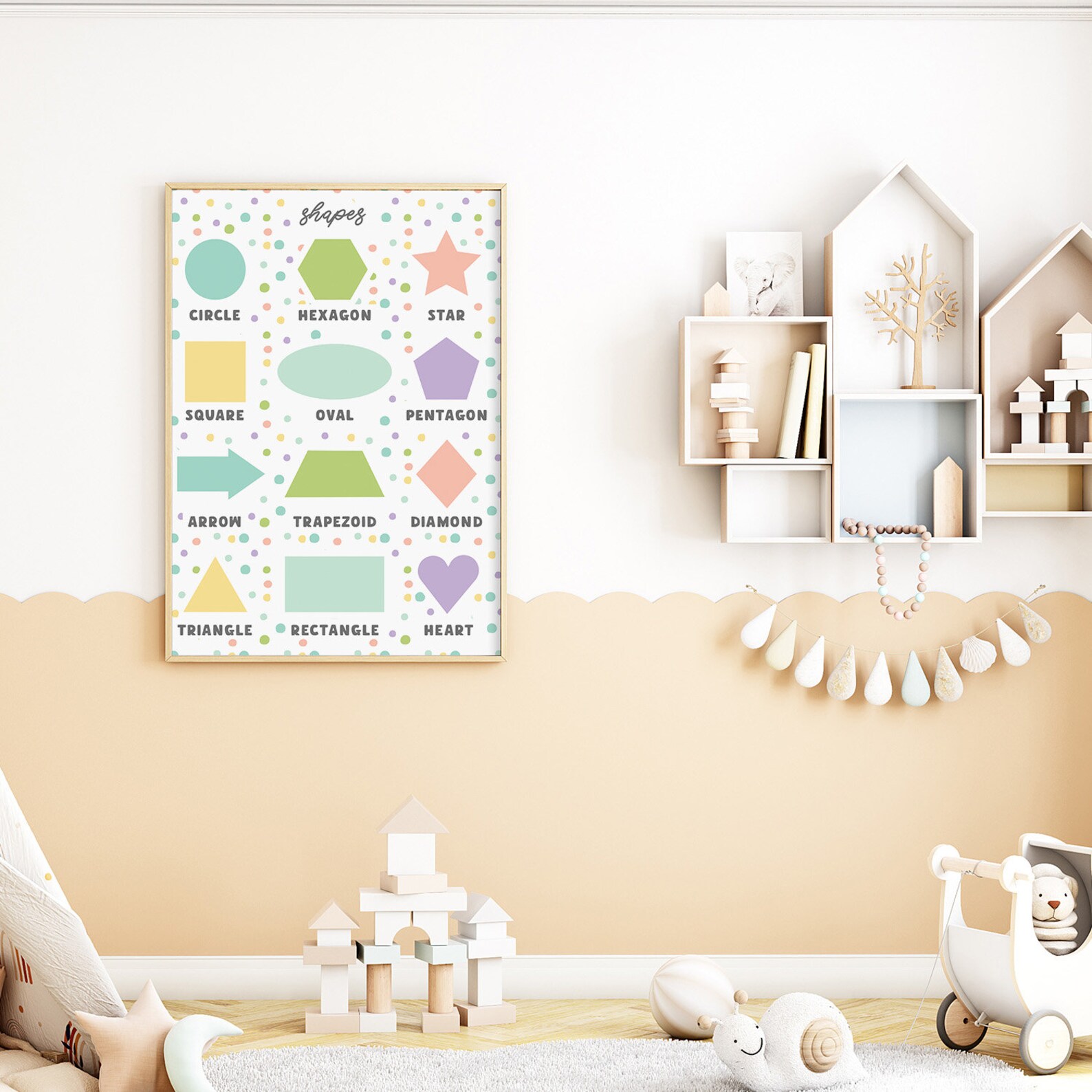 Learning Shapes Educational Poster, Pastel Polkadot Playroom Print ...