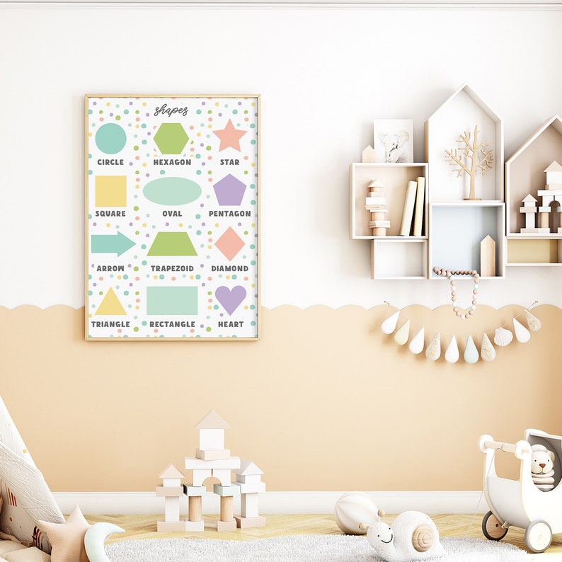 Learning Shapes Educational Poster, Pastel Polkadot Playroom Print ...