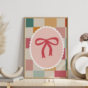 Pink Coquette Bow Printable Nursery Wall Art, Retro Check Feminine ...