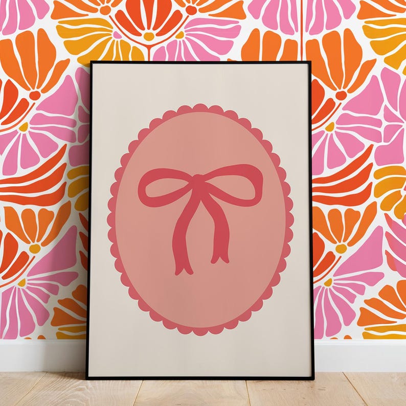 Pink Coquette Bow Printable Nursery Wall Art, Retro Check Feminine ...