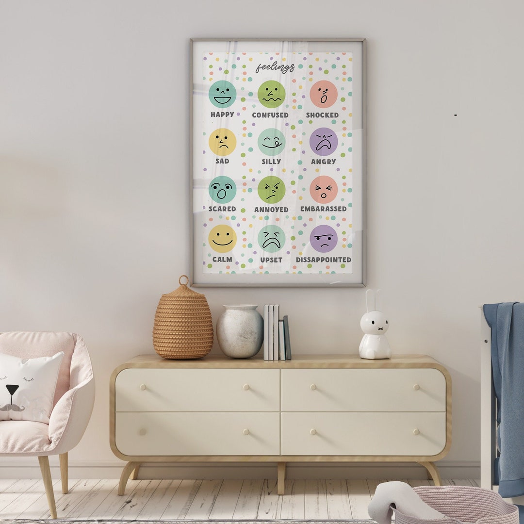Feelings Chart, Calming Corner Art Print, Pastel Kids Polkadot Playroom ...