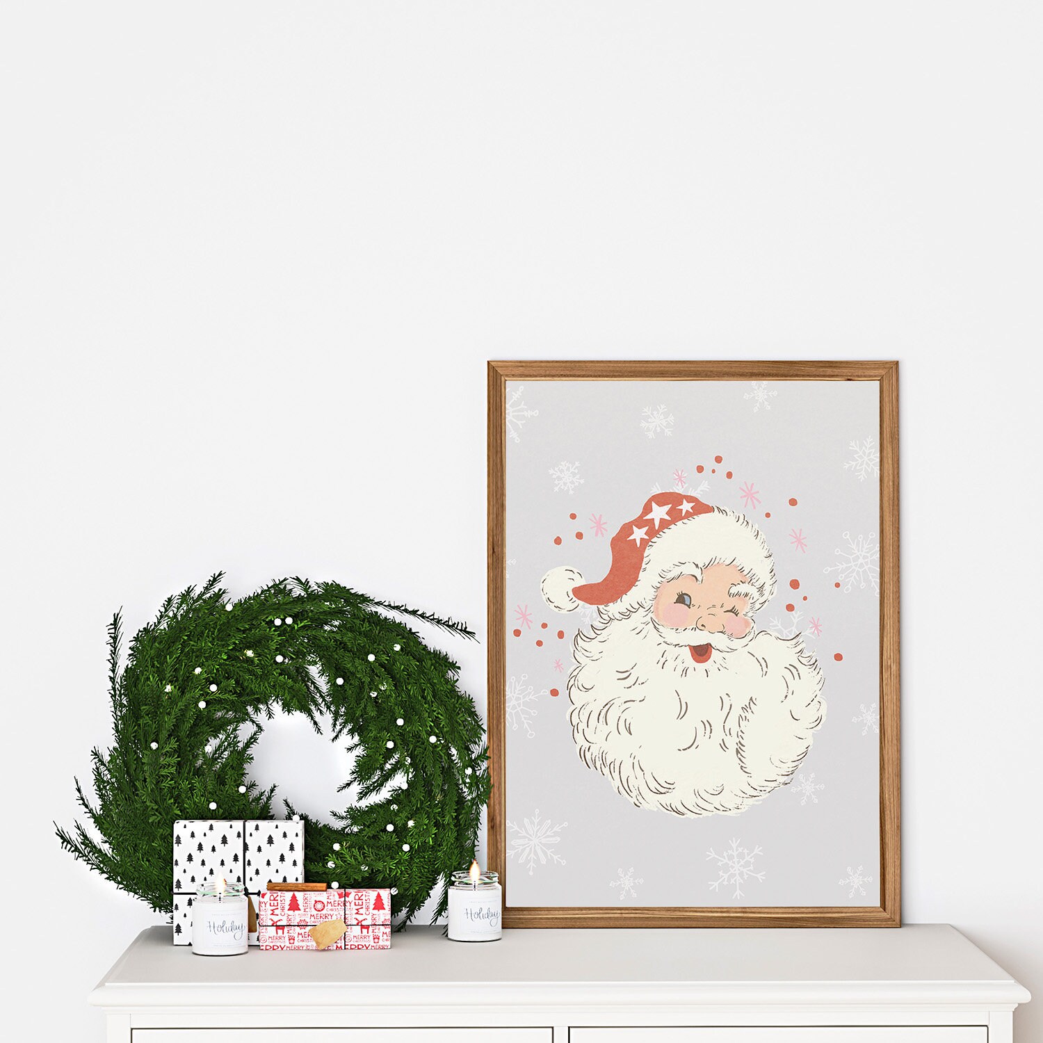 Santa Art Print, Grey Holiday Printable, Pastel Christmas Wall Art ...