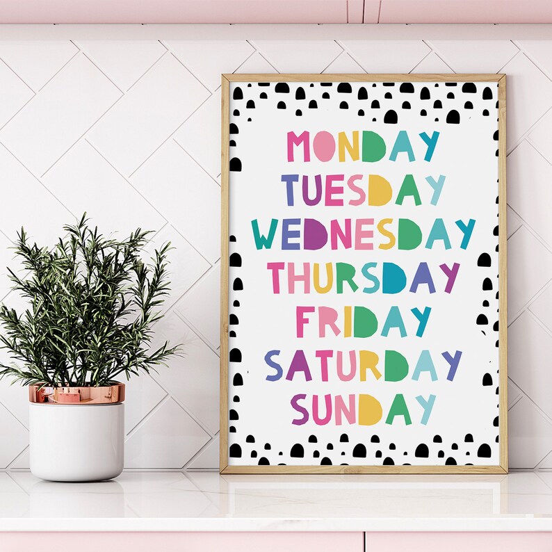 Rainbow Days of the Week, Playroom Educational Poster, Rainbow Nursery ...