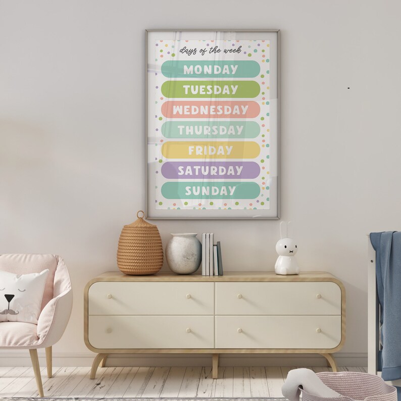 Days of the Week Learning Print, Pastel Polkadot Playroom Print ...