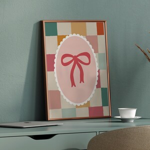 Pink Coquette Bow Printable Nursery Wall Art, Retro Check Feminine ...