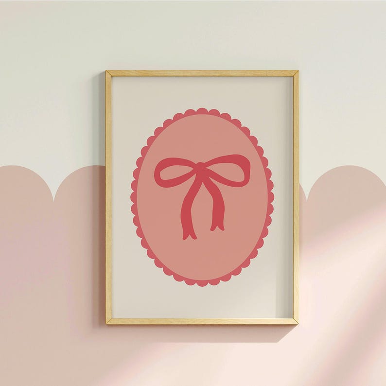 Pink Coquette Bow Printable Nursery Wall Art, Retro Check Feminine ...