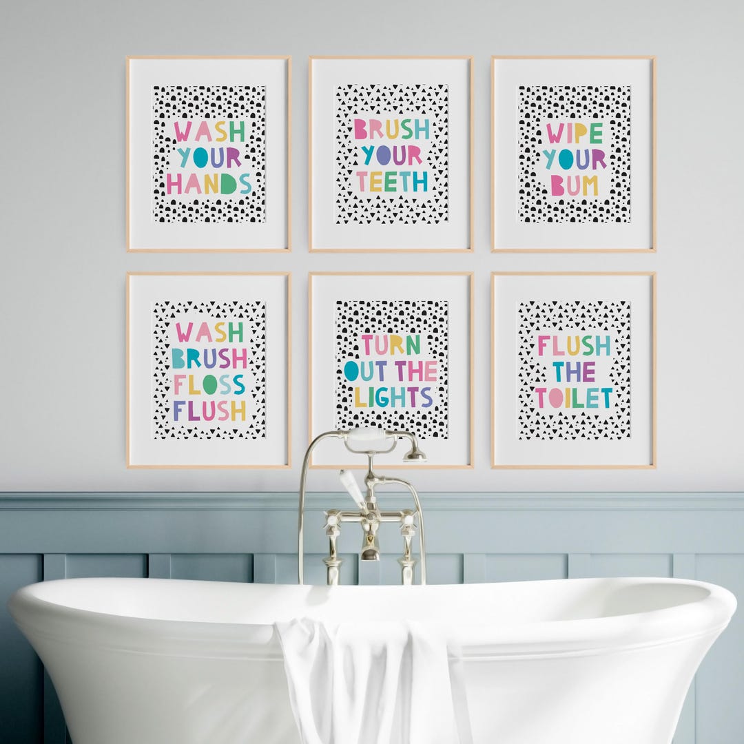 Colorful Kids Bathroom Rules Art Bundle of 6 Printables, Flush the ...