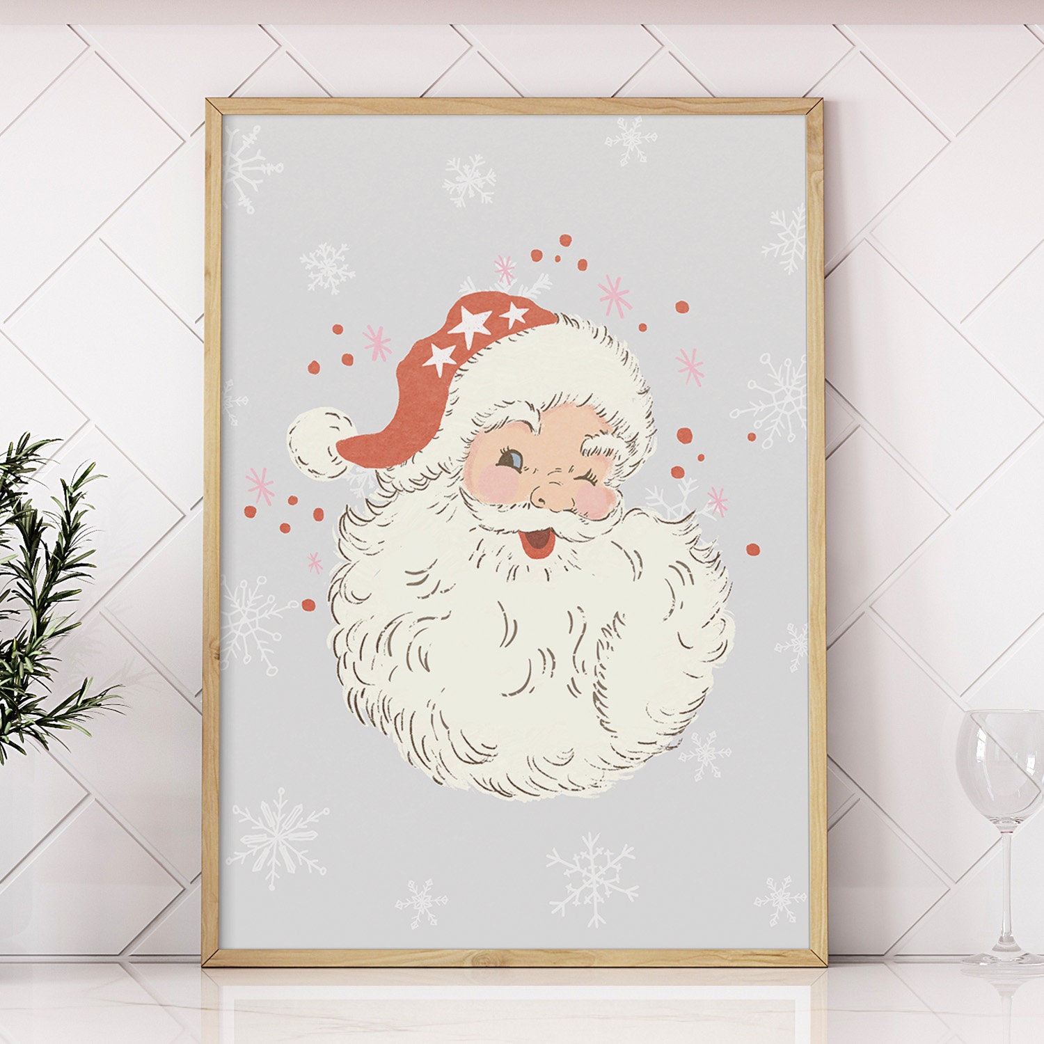 Santa Art Print Grey Holiday Printable Pastel Christmas Wall - Etsy
