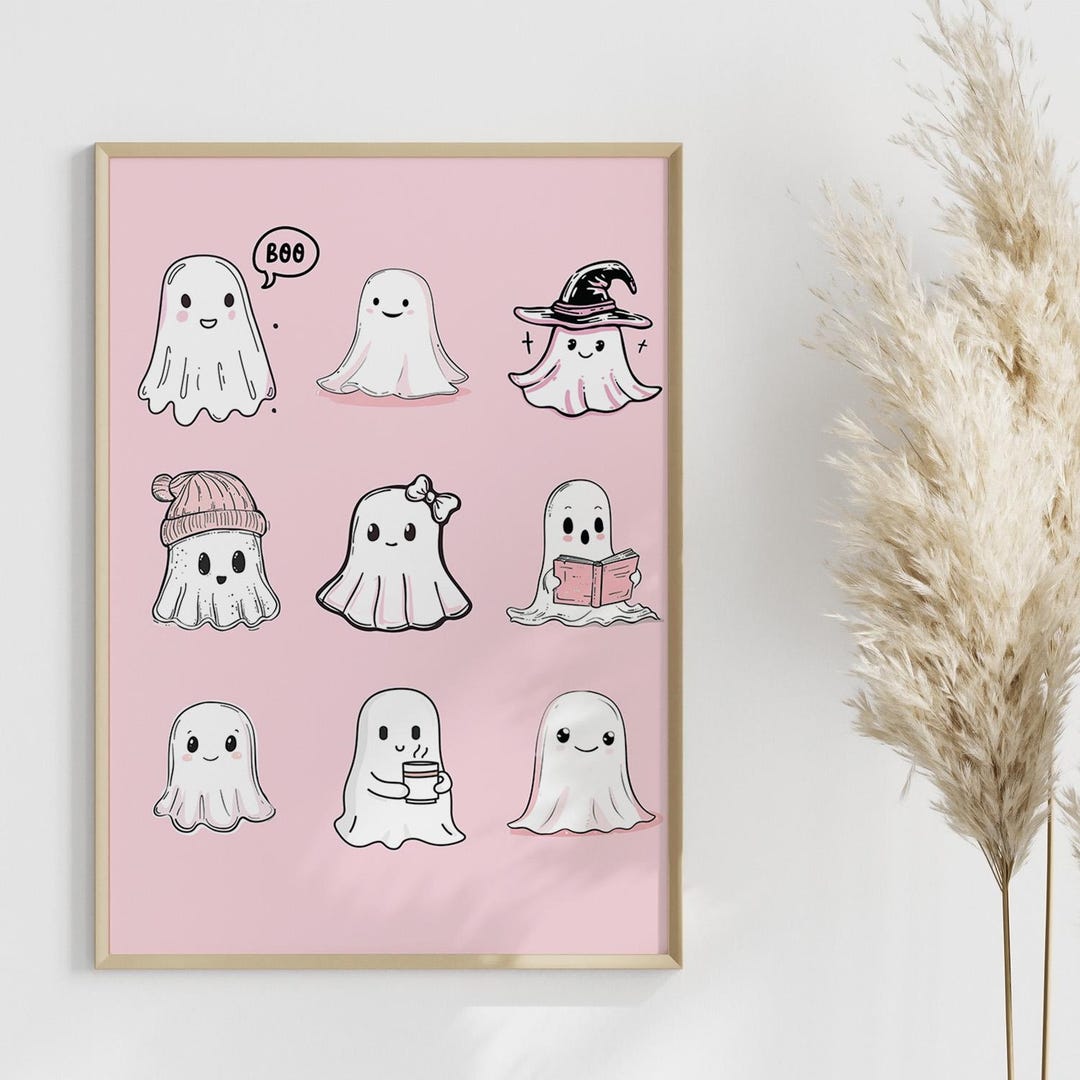Cute Pink Ghost Party Printable, Kawaii Pink Halloween Wall Art, Sweet ...