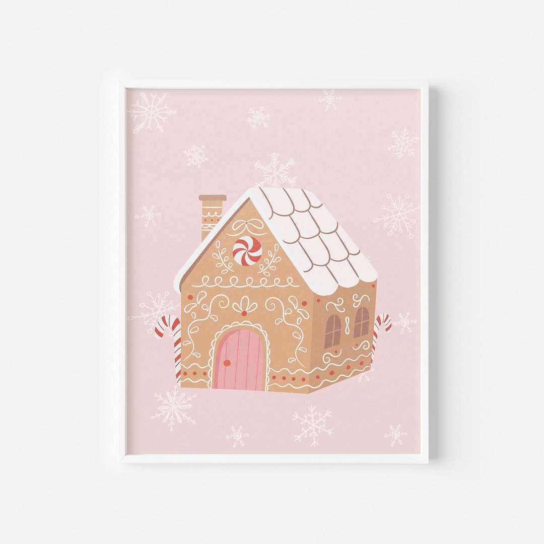 Gingerbread House Art Print, Pink Holiday Home Printable, Pink ...