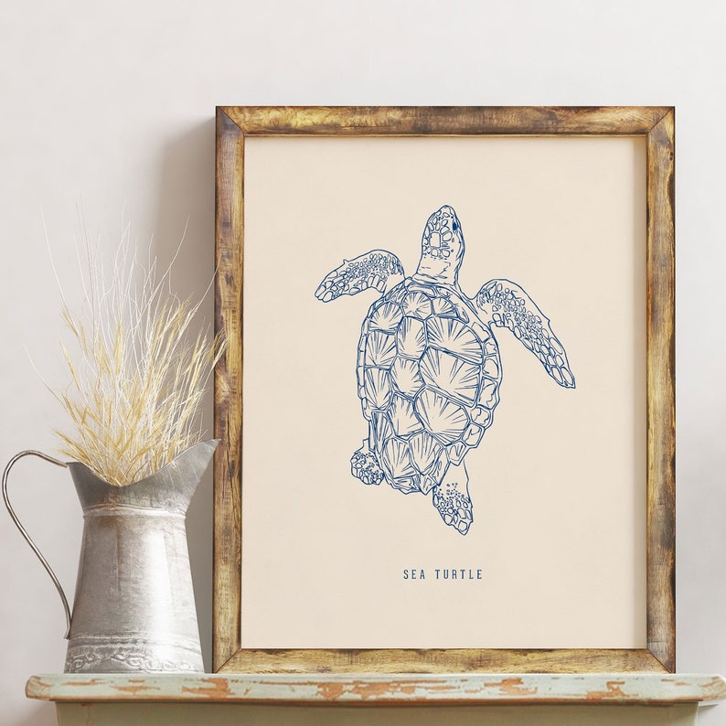 Vintage Sea Turtle Digital Art Print, Vintage Sea Life Print, Lakehouse ...