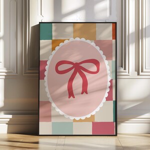 Pink Coquette Bow Printable Nursery Wall Art, Retro Check Feminine ...