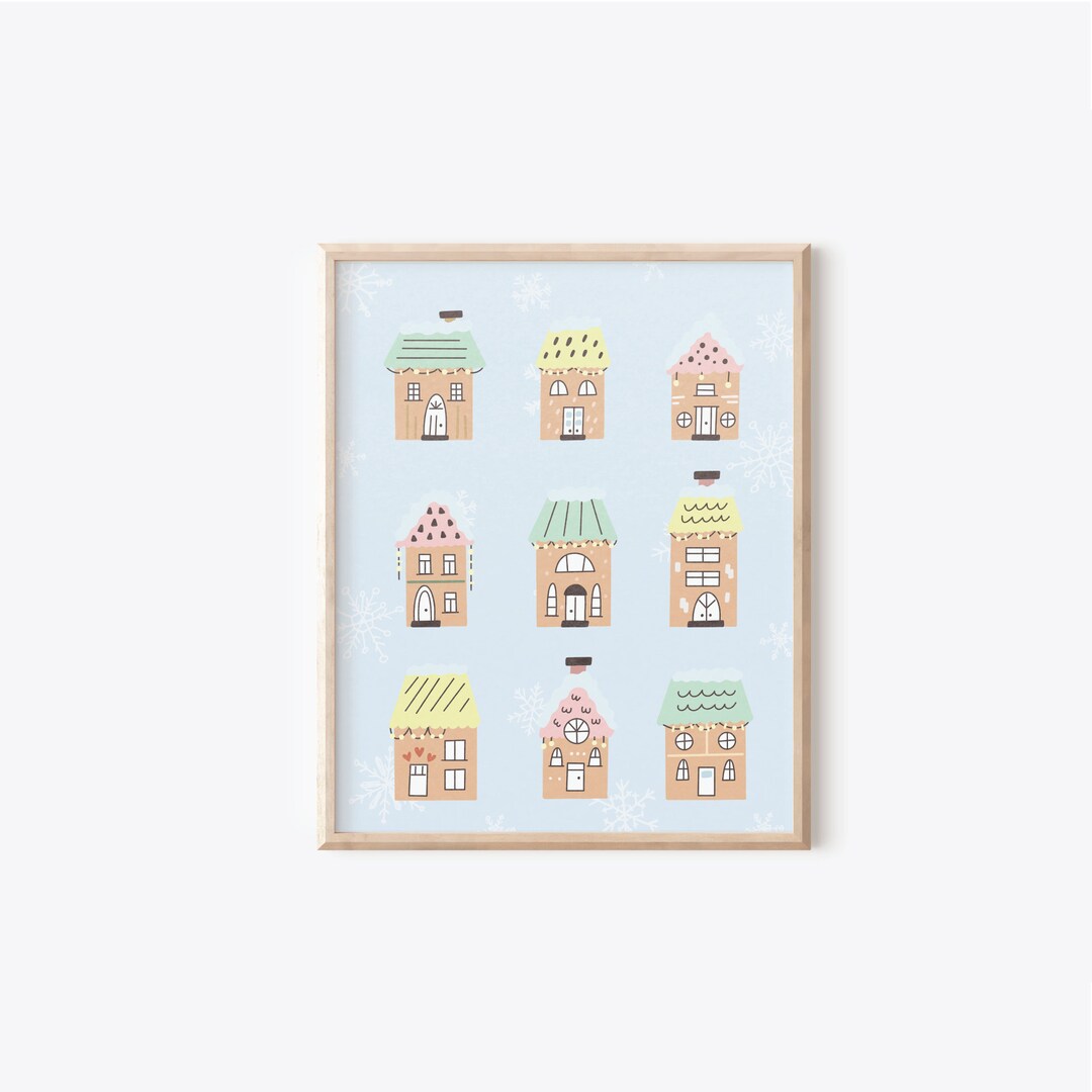 Pastel Gingerbread Village Digital Art Print, Vintage Blue Christmas ...