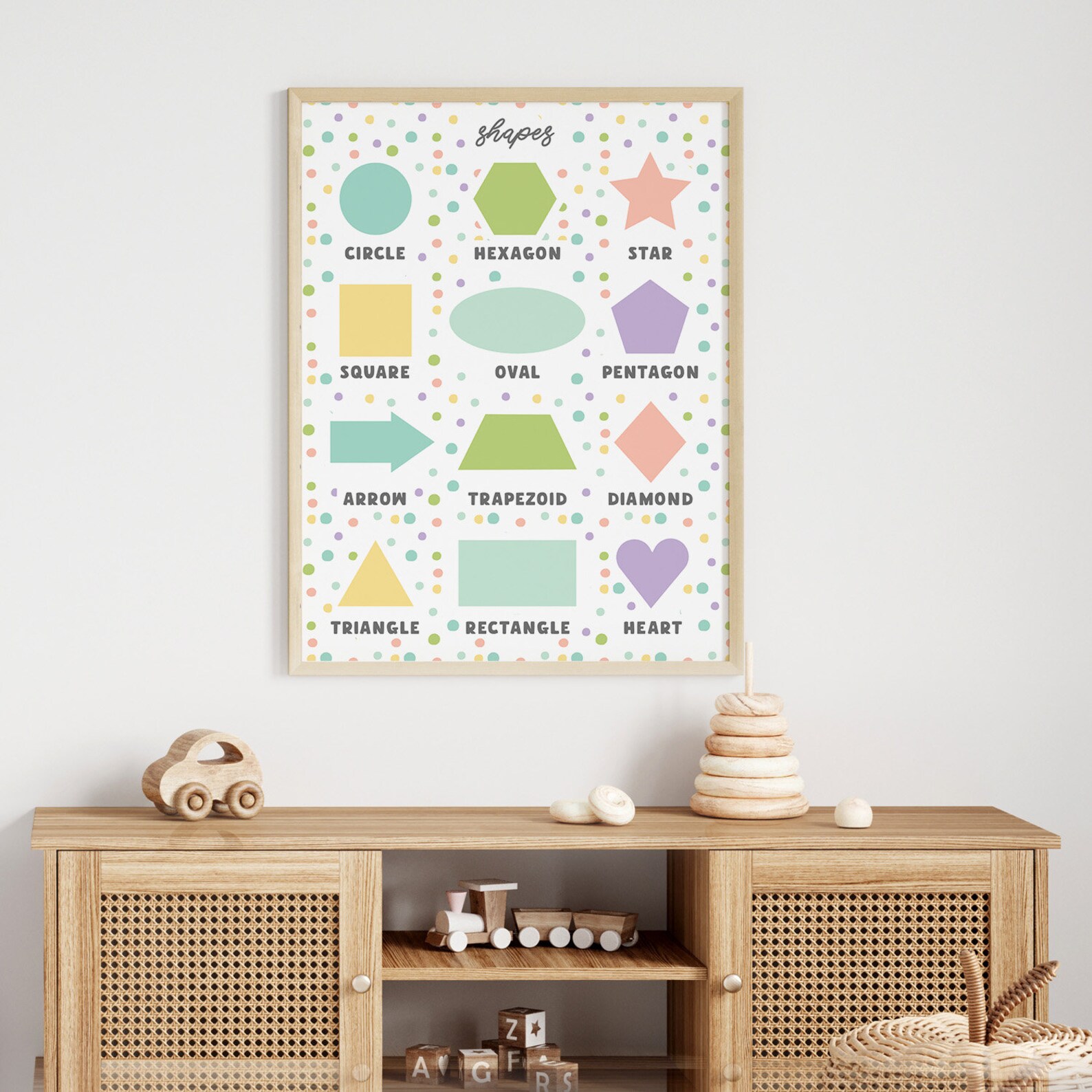 Learning Shapes Educational Poster, Pastel Polkadot Playroom Print ...