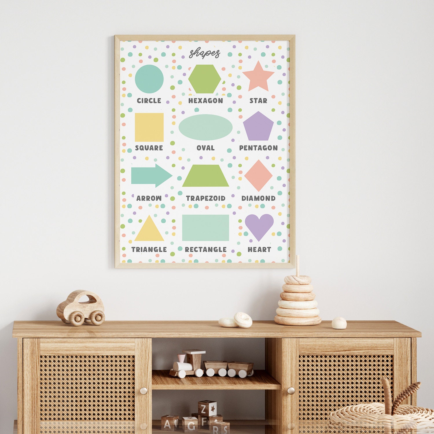Learning Shapes Educational Poster, Pastel Polkadot Playroom Print ...