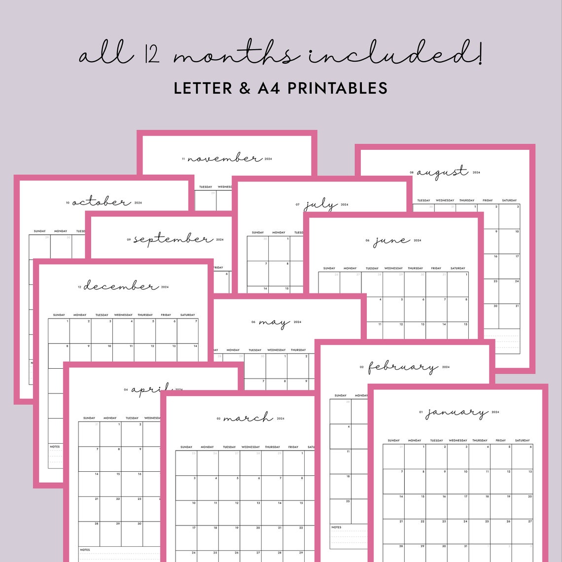 2024 Minimalist Calendar Printable, Blank Calendar for 2024, Monthly ...