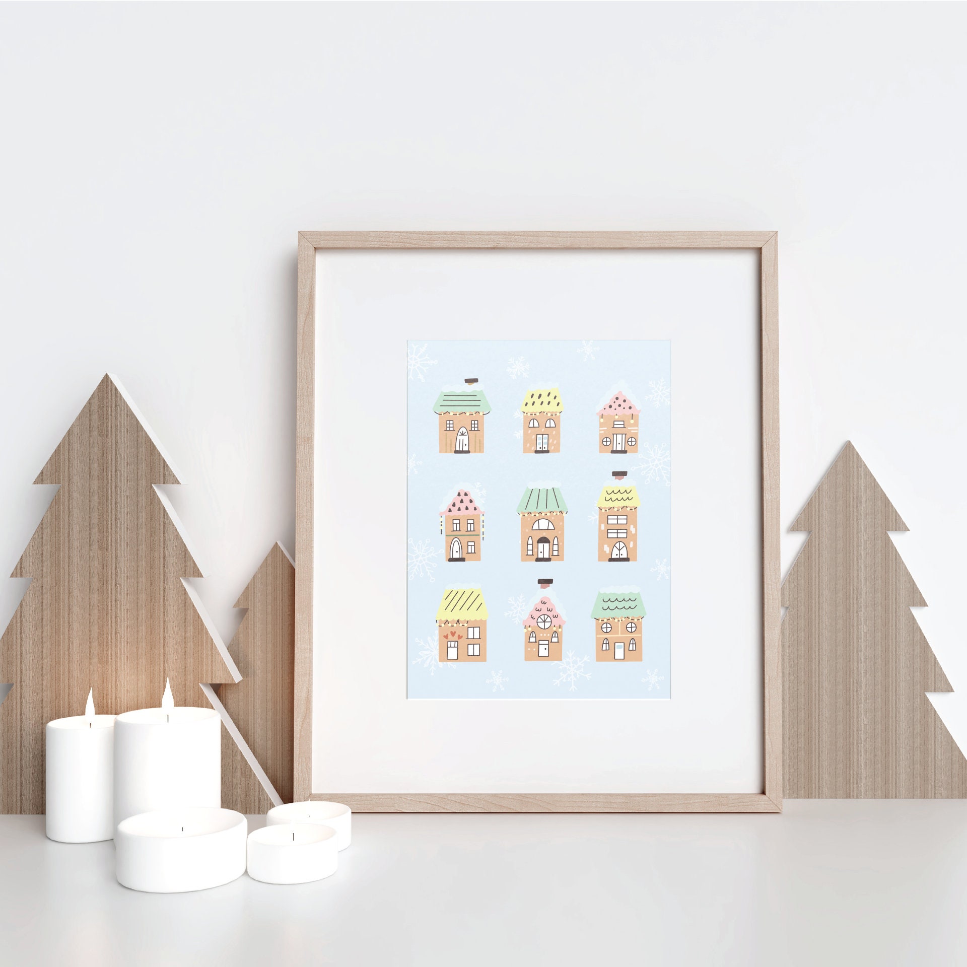 Pastel Gingerbread Village Digital Art Print, Vintage Blue Christmas ...