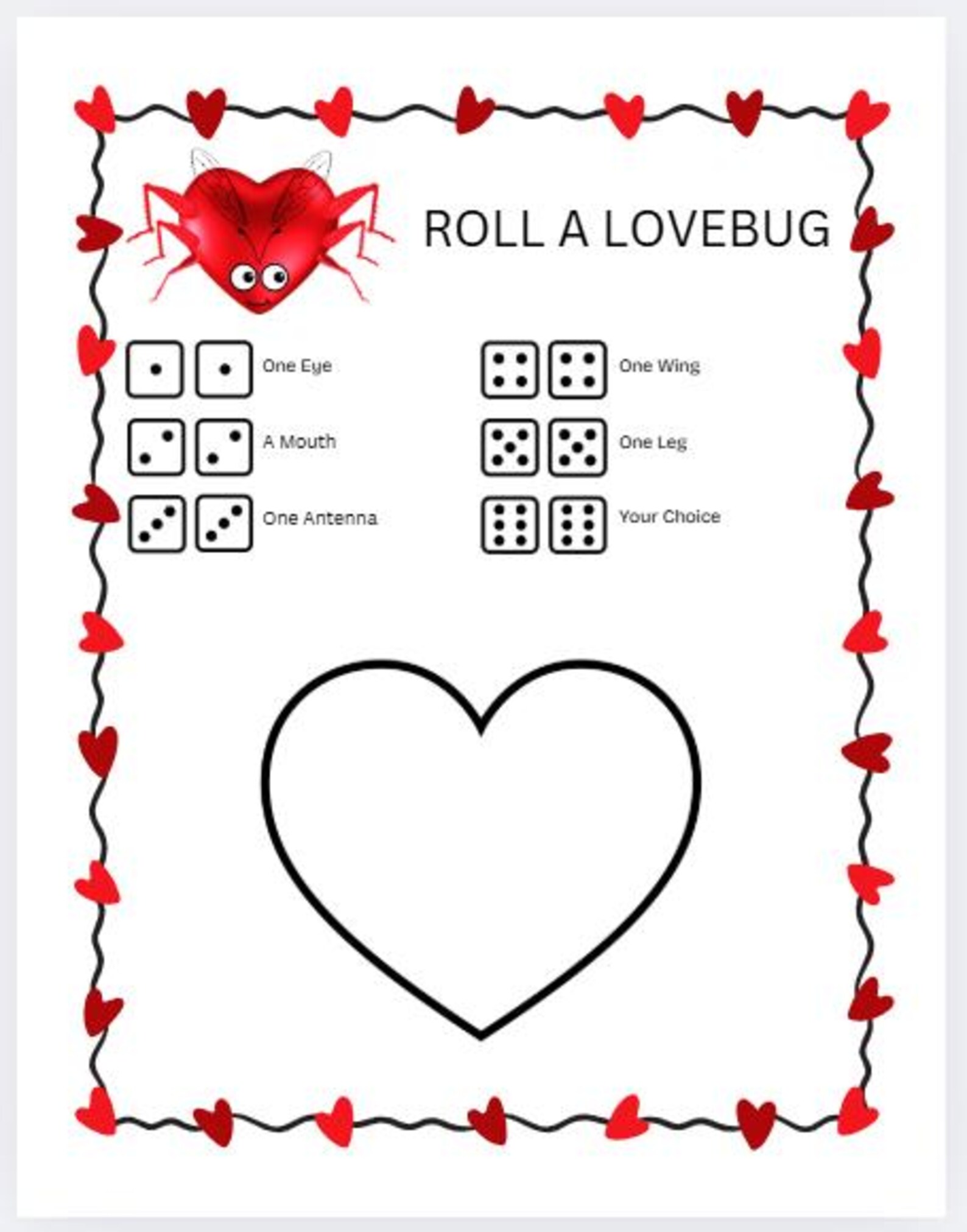 Roll a Lovebug Valentine Game for Kids Parties, Elementary School ...