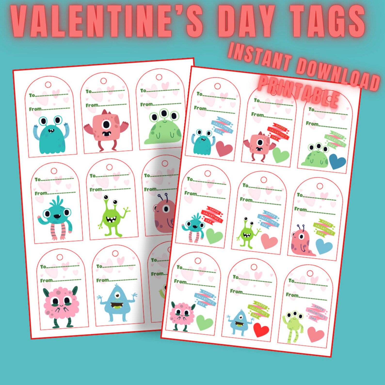 Monster Valentine's Day Printable Tags - Etsy