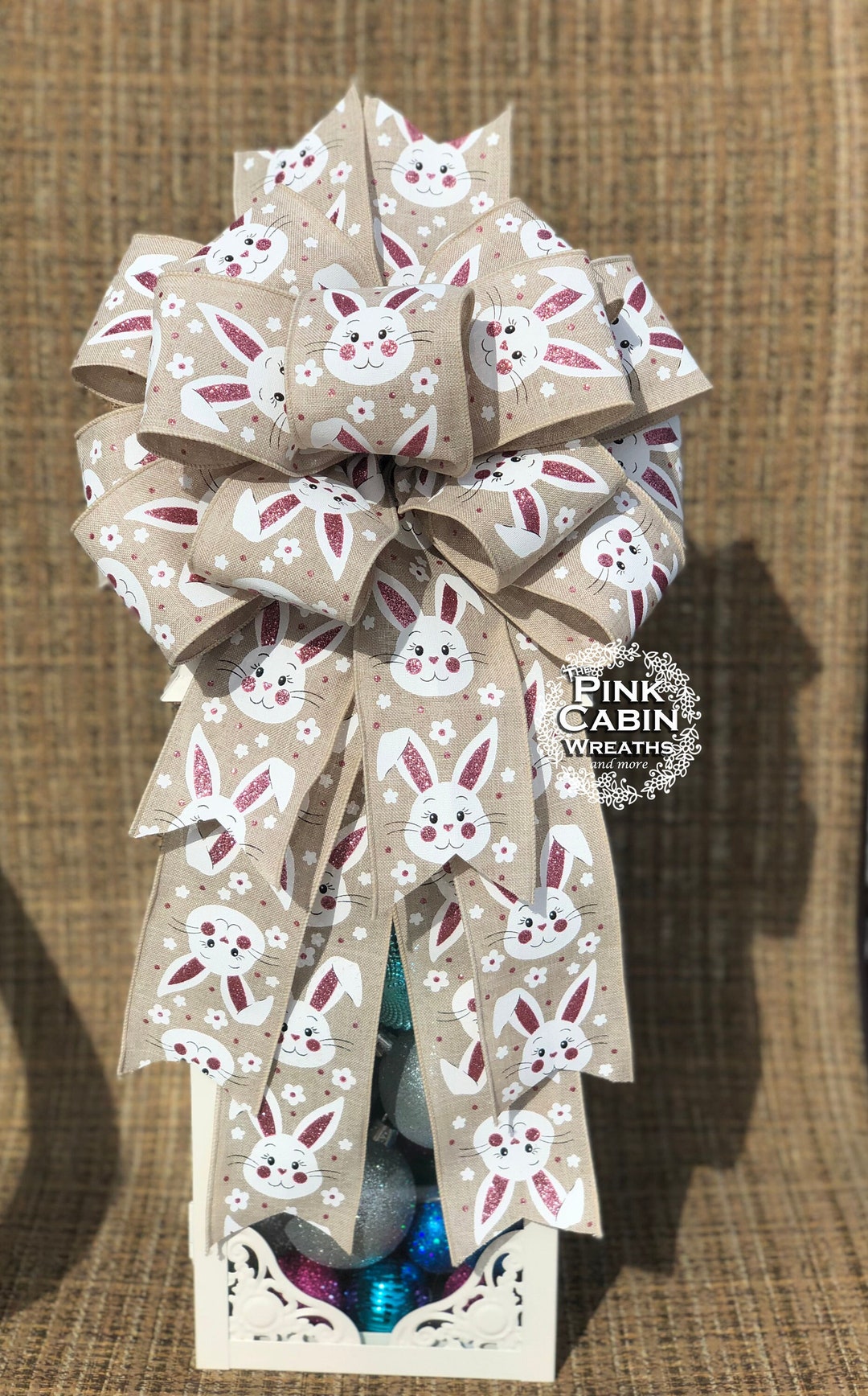 Easter Bunny Pink Glitter Tree Topper Bow, Lantern Bow, Bunny Ribbon ...